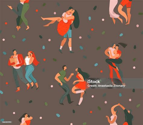 손으로 그린된 벡터 추상 만화 현대 그래픽 행복 한 발렌타인 하루 개념 삽화 예술 완벽 한 패턴 춤 커플 함께 갈색 바탕에 고립 된 사람들 1950 1959 년에 대한 스톡