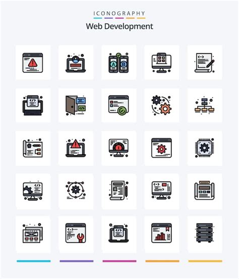 paquete de iconos llenos de 25 líneas de desarrollo web creativo como