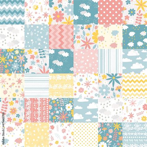 Vetor De Cute Seamless Patchwork Pattern From Square Patches With Flowers Clouds And Geometric