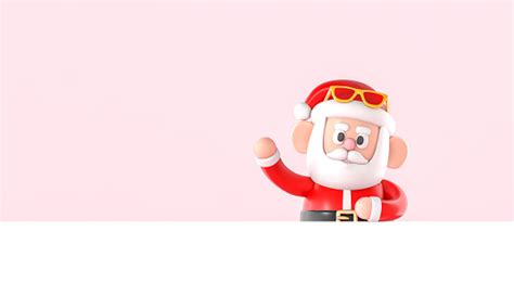귀여운 산타 클로스 3d 만화 캐릭터는 파스텔 핑크 배경 3d 렌더링에 흰색 배경 뒤에 서있다 3d 일러스트 레이 션 축하