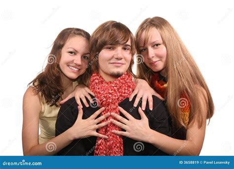 Smiling Two Girls And Guy Stock Image Image Of Embracing 3658819