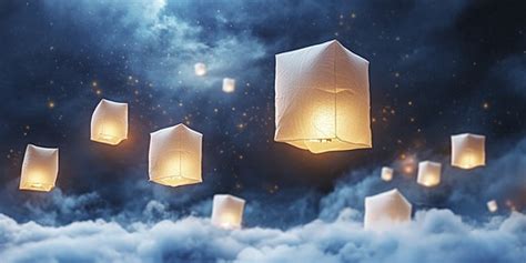 Many Paper Lanterns Floating In The Sky At Night Dark Bokeh Background Lanterns Floating