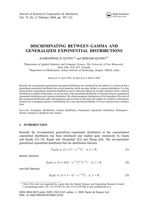 Pdf Discriminating Between Gamma And Generalized Exponential Distributions