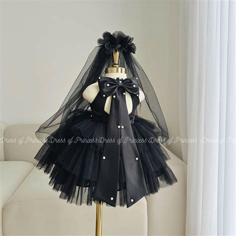 Black Tulle Princess Tutu Dress With Veil Pearl And Bow Detail Etsy