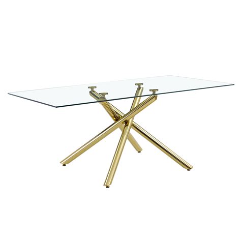 Historyli Go5h 7086 Glass Dining Table With Ruststeel Frame Gold Metal Legs Sturdy And Durable