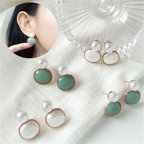 파티 독특한 선물 우아한 둥근 유리 웨딩 여성 절묘한 귀걸이 1 쌍 진주 귀 클립 해변 작은 타원형 흰색 여자드롭 이어링 Aliexpress