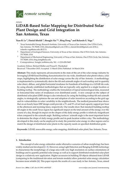 Pdf Lidar Based Solar Mapping For Distributed Solar Plant Design And Grid Integration In San