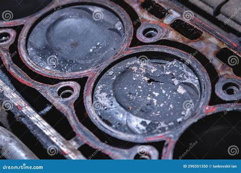 Close Up Of A Damaged Internal Combustion Engine In The Disassembled