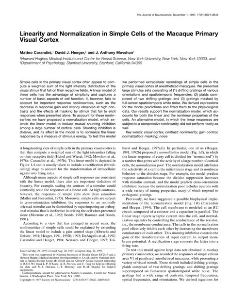 Pdf Linearity And Normalization In Simple Cells Of The Macaque Primary Visual Cortex