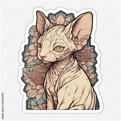 Beautiful Sticker With Cute Chibi Sphinx Cat And Flowers In Retro Art Nouveau Style William