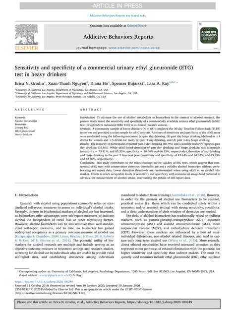 Pdf Sensitivity And Specificity Of A Commercial Urinary Ethyl Glucuronide Etg Test In Heavy