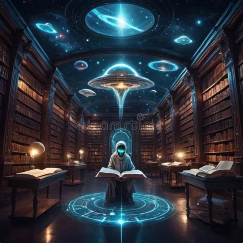 AI-Generated Mysterious Alien Scholar Studying Ancient Books in a Cosmic Library Stock Image ...