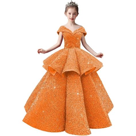 Off Shoulder Layered Sequin Flower Girl Dresses Sparkly Pageant Dress