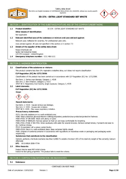 Safety Data Sheet Of 55 37a Extra Light Standard Set White Palace Chemicals Ltd Nbs Source