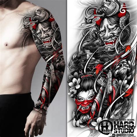 Custom Tattoo Designs Samurai Mask Japanes Sleeve Flower