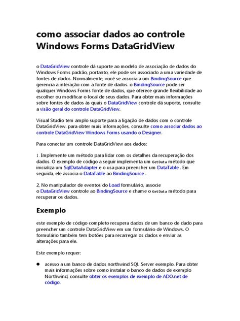 Como Associar Dados Ao Controle Windows Forms Datagridview Download Grátis Pdf Microsoft Sql