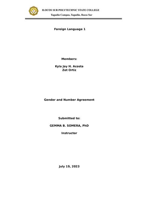 Written Report Gender And Nuber Agreement Tagudin Campus Tagudin Ilocos Sur Foreign Language