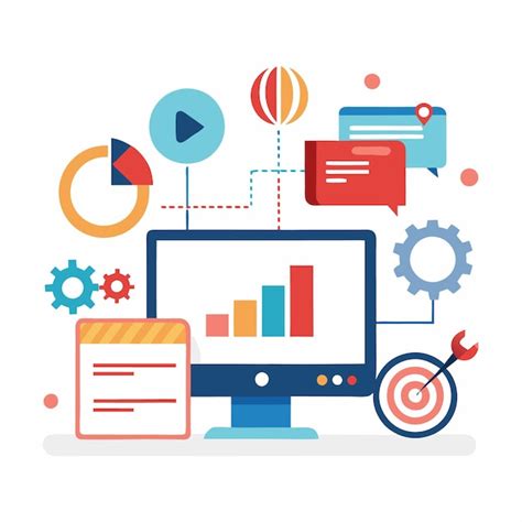 Computer Monitor With Bar Graph Pie Chart Gears Target And Play Button Showing Successful Online