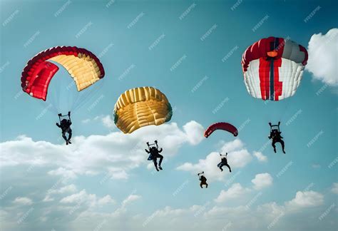 Premium Photo A Group Of Parachutists Fly In Sky In Free Flight With