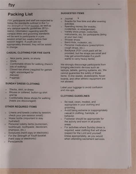 Fsy Packing List Rexmormon