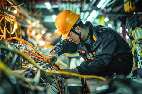 Premium Photo Telecommunication Engineers In Hard Hats Installing Fiber Optic Cables