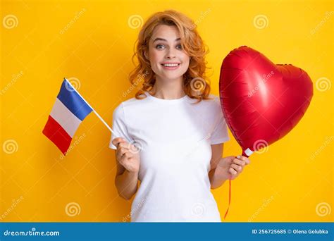 France Flag Happy Woman Holding Flag Of France And Red Heart Balloon