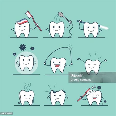 선형 평면 귀여운 치아 Flossing 솔 질 세척 세 정 카 리에 스 보호 벡터 일러스트 레이 션 세트 치과 의료 개념입니다 건강관리와 의술에 대한 스톡 벡터 아트 및