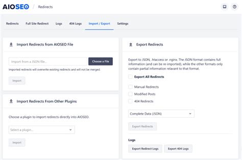 exporting and importing redirects aioseo