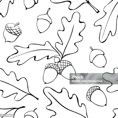 참나무 잎 도토리가있는 완벽한 패턴 고립 된 벡터 가을 텍스처 낙서 스타일로 손으로 그려진 검은 색 윤곽선 숲의 개념 잎 가을 자연 추수 감사절 가을에 대한 스톡 벡터 아트