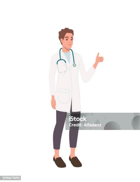 청진기와 엄지 손가락 만화 캐릭터 디자인 평면 벡터 일러스트와 남성 의사 흰색 배경에 격리 건강관리와 의술에 대한 스톡 벡터 아트 및 기타 이미지 건강관리와 의술 과학
