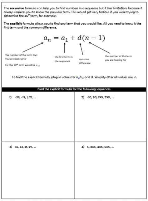 Arithmetic Explicit Sequences Guided Notes And Hw By Algebra Crazy