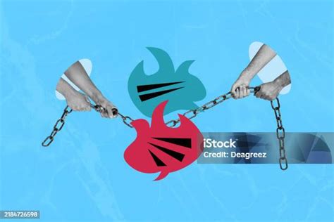 복합 경향 삽화 스케치 영상 사진 콜라주 손 보류 금속 체인 당기기 밀어 노력 메시지 입 입술 이야기 연설 구름 소문 0명에 대한 스톡 사진 및 기타 이미지 Istock