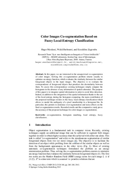 Pdf Color Images Co Segmentation Based On Fuzzy Local Entropy Classification Walid Barhoumi