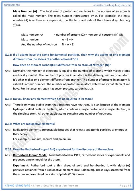 Adamjee Coaching Atomic Structure Short And Detailed Question Answers Chemistry 9th