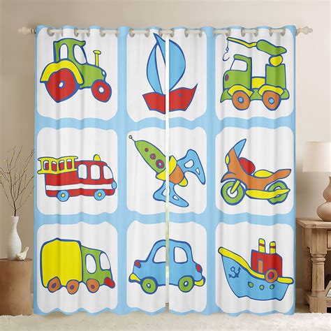 Kawaii Patchwork Plaid Blackout Curtains Cartoon Truck Window Curtains