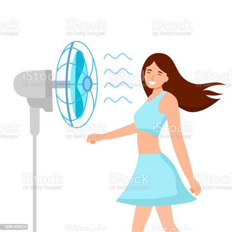 흰색 배경에 평면 디자인에 더운 여름 날에 불고 전기 팬을 가진 젊은 여자 바람에 대한 스톡 벡터 아트 및 기타 이미지 바람
