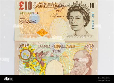 British Ten Pound Banknote Both Front And Back Sides On White Isolated
