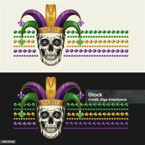 가로 줄무늬 마디 그라 라벨 와 인 인 에 인간 두개골 와 광대 할리퀸 모자 Fleur De Lis 상징 구슬 끈 프린트 의류 티셔츠 디자인 빈티지 스타일 Mardi