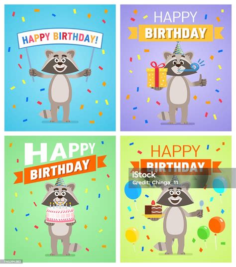 다른 생일 포스터의 집합입니다 생일 인사말 카드 현수막 쾌활 한 만화 너구리 문자 들고 선물 상자 선물 케이크 파이 배너입니다 생일 축 하 공휴일에 대한 스톡 벡터 아트 및