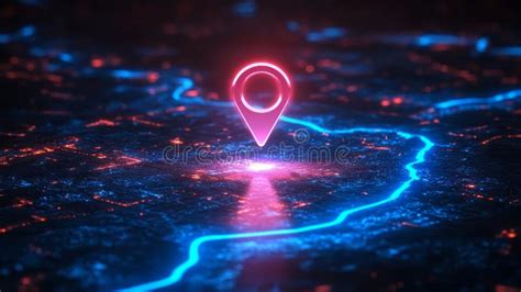 A Vibrant Neon Location Pin Over A Digital Map Highlighting A Specific Area Stock Illustration
