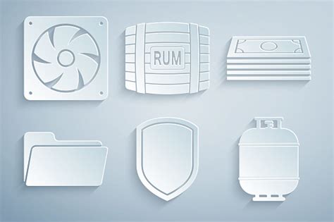 방패를 설정하고 지폐 현금 폴더 프로판 가스 탱크 럼주와 컴퓨터 쿨러 아이콘이있는 나무 배럴을 쌓습니다 벡터 0명에 대한 스톡 벡터 아트 및 기타 이미지 Istock