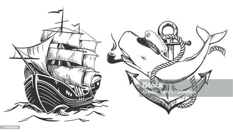 선장의 모자를 쓰고 입에 담배를 피우는 파이프를 들고 있는 흰 향유고래 범선은 돛을 올리고 파도 위를 항해합니다 올드 스쿨 문신 스케치 조각 스타일의 벡터 그림입니다 검은