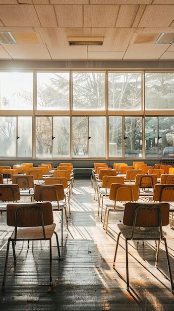 Sunlit Empty Classroom With Wooden Chairs And Large Windows Premium AI Generated Image
