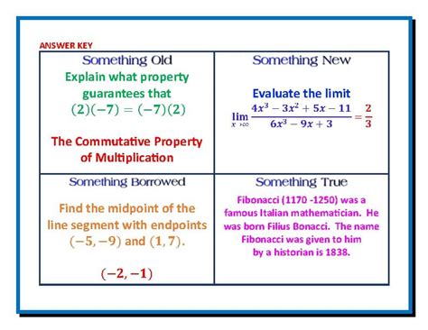 Limits At Infinity Something Old New Borrowed And True Warm Up Activity