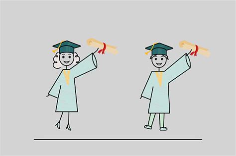 두루마리를 들고 행복한 학생 소녀와 소년 캐릭터 화려한 낙서 벡터 일러스트레이션 학교 하루의 끝 졸업식 그리기 클립 아트 검은 윤곽선 스케치 교육에 대한 스톡 벡터 아트 및