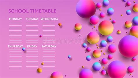 Cute Girls School Timetable With Pink Magenta 3d Bubbles Empty To Do