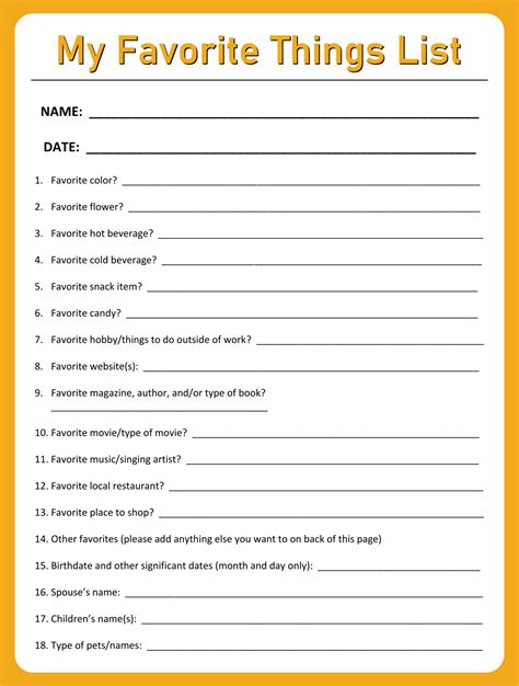 My Favorite Things Printable Template