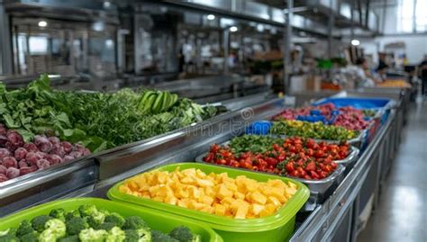 Fresh Produce Displayed In Metal Containers At A Modern Food Processing Facility Showcasing A