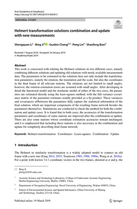 Pdf Helmert Transformation Solutions Combination And Update With New Measurements