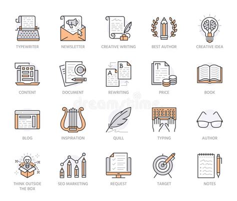 Copywriting Flat Line Icons Set Writer Typing Text Social Media Content E Mail Newsletter